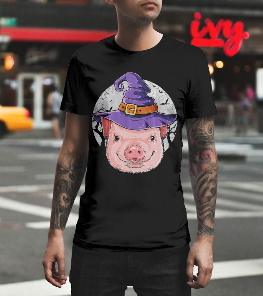 Pig Wearing Purple Witch Hat With Spooky Full Moon And Bats T-Shirt