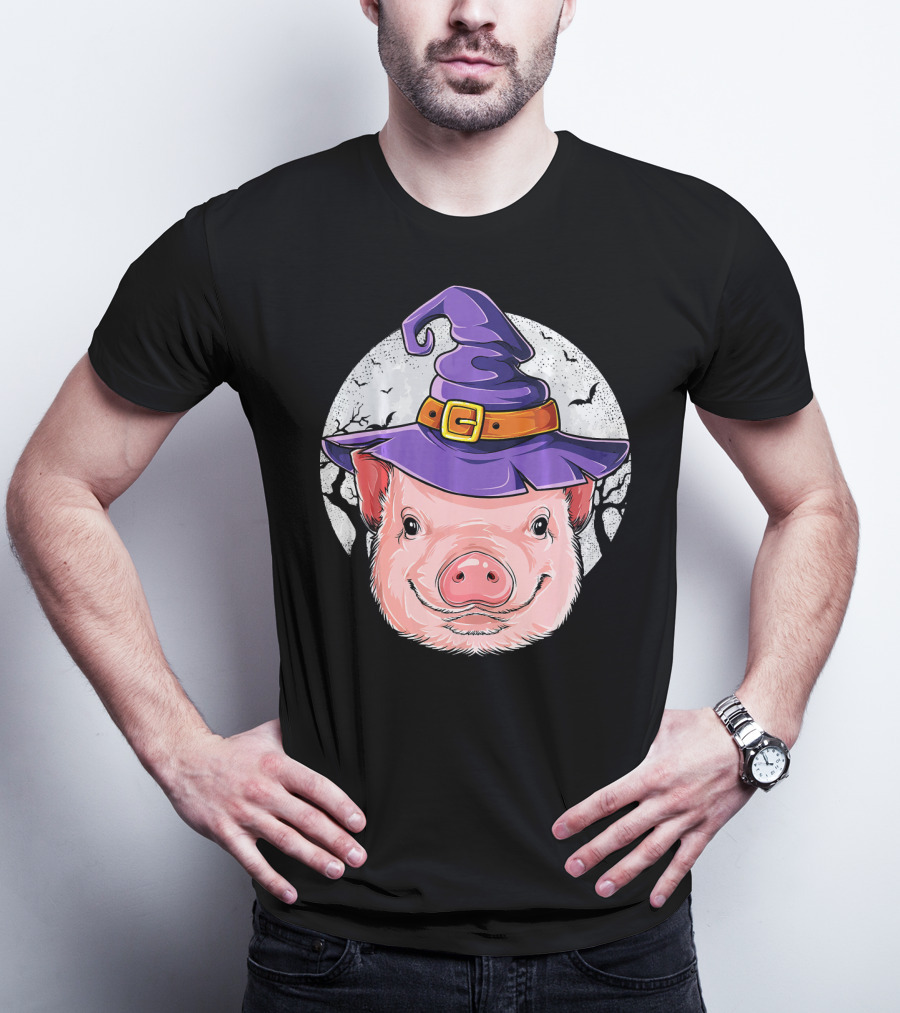 Pig Wearing Purple Witch Hat With Spooky Full Moon And Bats T-Shirt