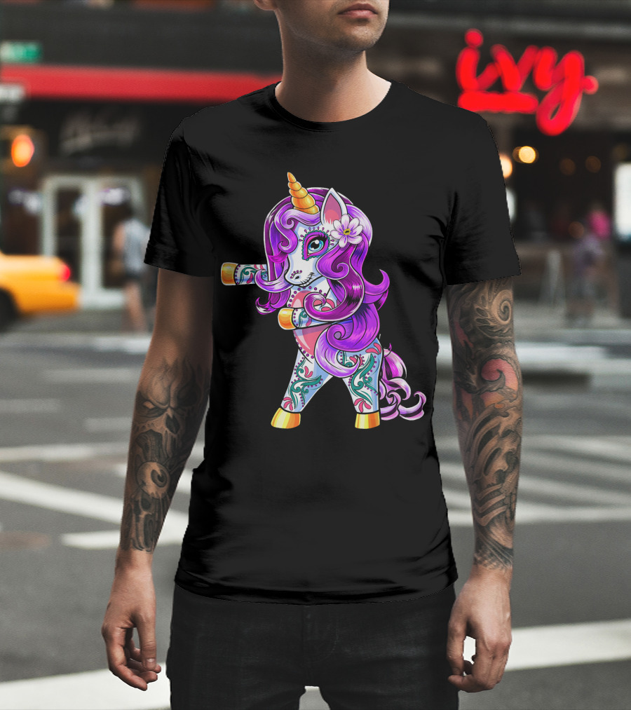 Flossing Unicorn Day Of The Dead Sugar Skull Dance T-Shirt