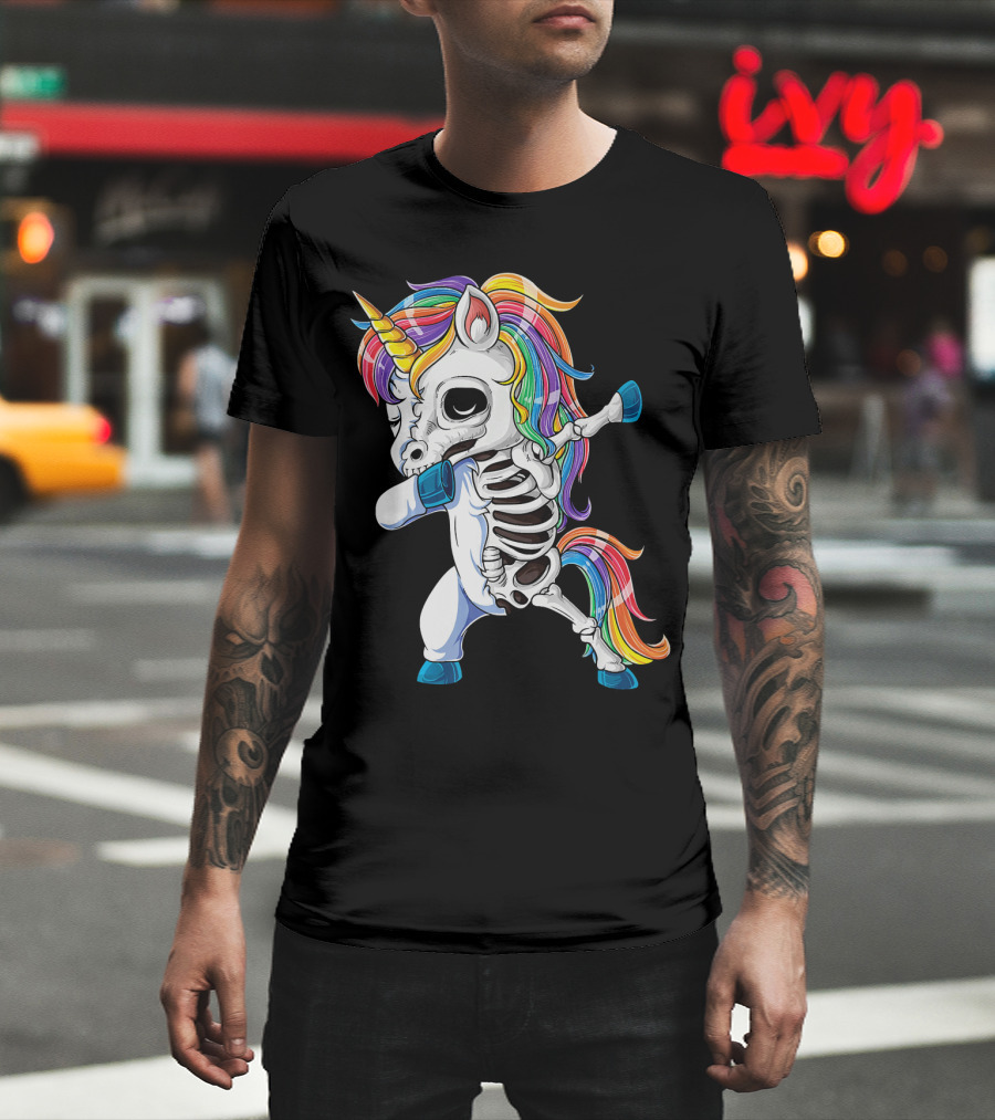 Dabbing Rainbow Skeleton Unicorn T-Shirt