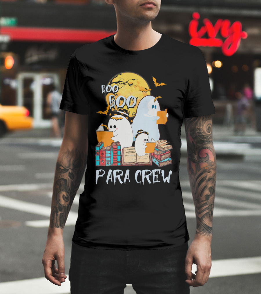 Boo Boo Para Crew Paraprofessional Ghost Reading By Moonlight With Books And Bats T-Shirt