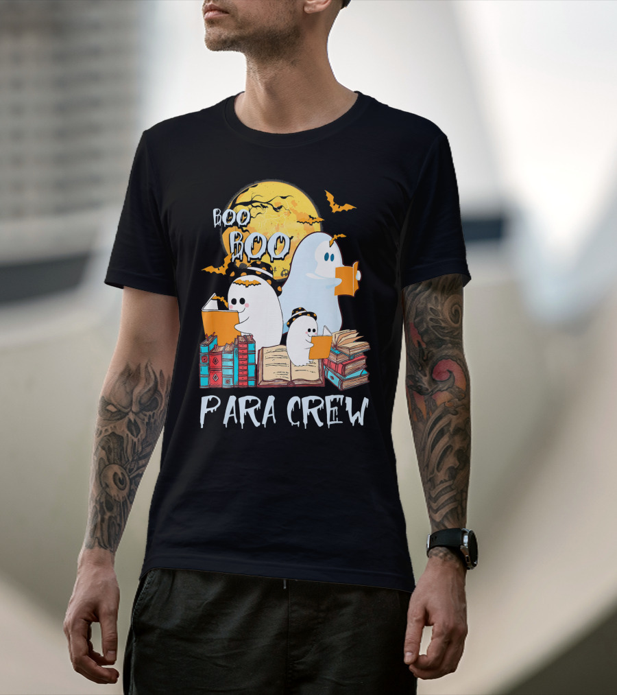 Boo Boo Para Crew Paraprofessional Ghost Reading By Moonlight With Books And Bats T-Shirt