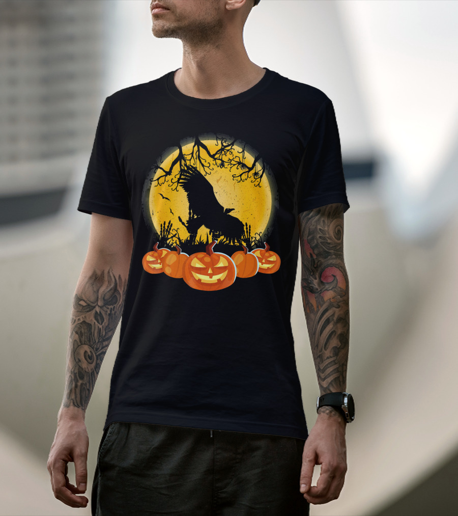 Vulture Silhouette With Pumpkins And Full Moon Halloween Scene T-Shirt