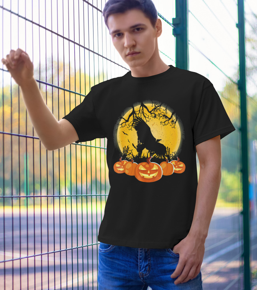 Vulture Silhouette With Pumpkins And Full Moon Halloween Scene T-Shirt