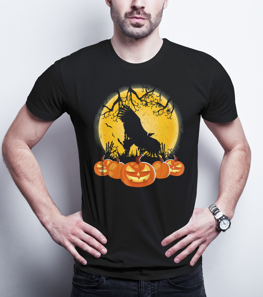 Vulture Silhouette With Pumpkins And Full Moon Halloween Scene T-Shirt