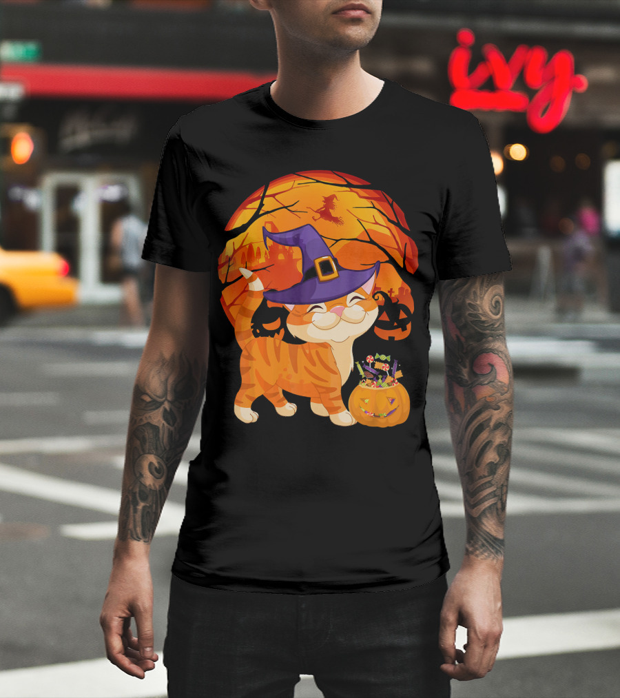 Halloween Costume Cat Witch Hat Happy Pumpkin Moon Scene T-Shirt