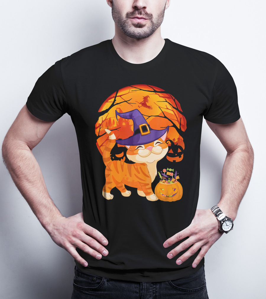 Halloween Costume Cat Witch Hat Happy Pumpkin Moon Scene T-Shirt