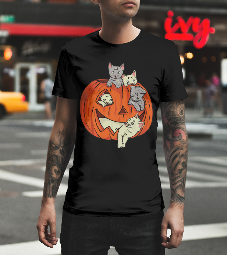 Cats In Jack O Lantern Pumpkin Halloween Scene T-Shirt