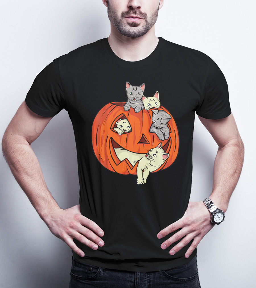 Cats In Jack O Lantern Pumpkin Halloween Scene T-Shirt