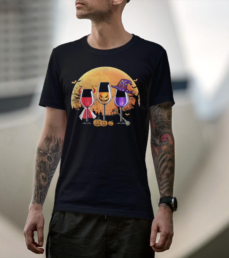 Three Wine Glasses Halloween Pumpkin Witch Hat Bats Moon And Jack-O'-Lanterns T-Shirt