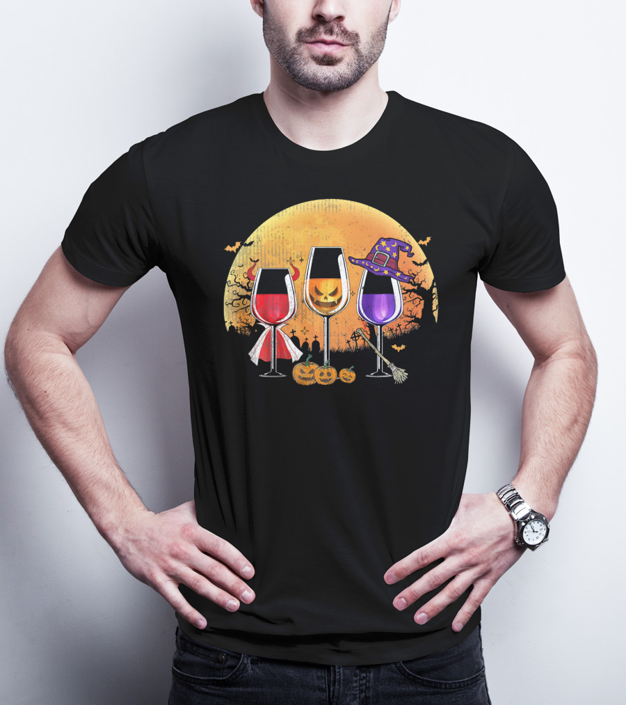 Three Wine Glasses Halloween Pumpkin Witch Hat Bats Moon And Jack-O'-Lanterns T-Shirt