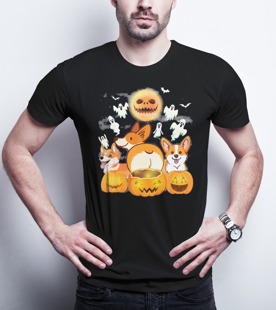 Welsh Corgi Cardigans Pumpkin Ghosts Halloween Team With Spooky Bats T-Shirt
