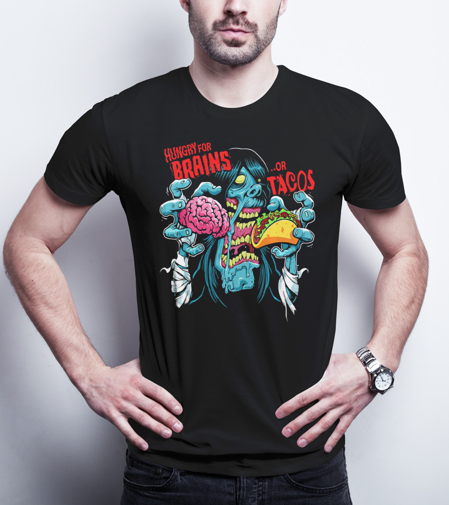 Hungry For Brains Or Tacos Zombie Halloween Costume T-Shirt