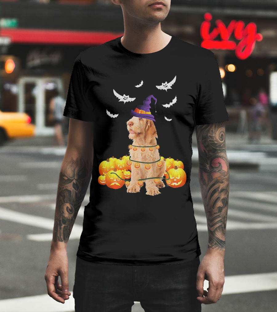 Spinone Italiano Dog Halloween Pumpkin Lights And Bats T-Shirt