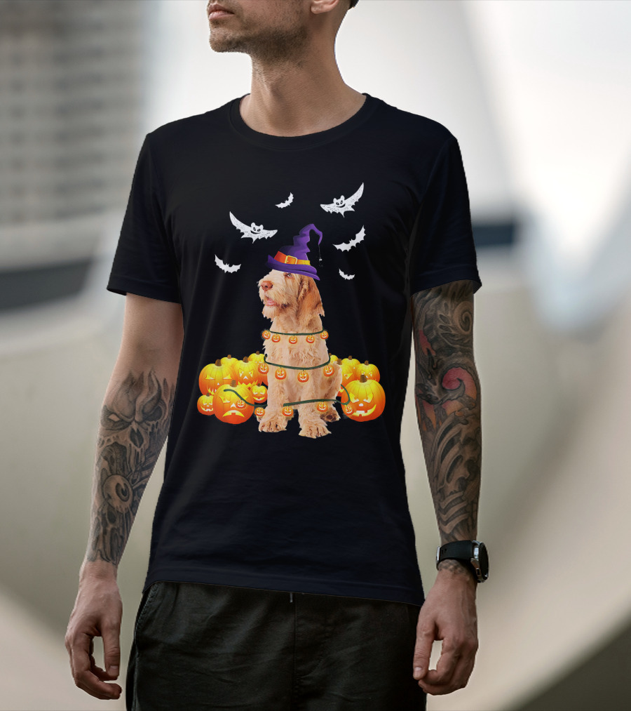 Spinone Italiano Dog Halloween Pumpkin Lights And Bats T-Shirt