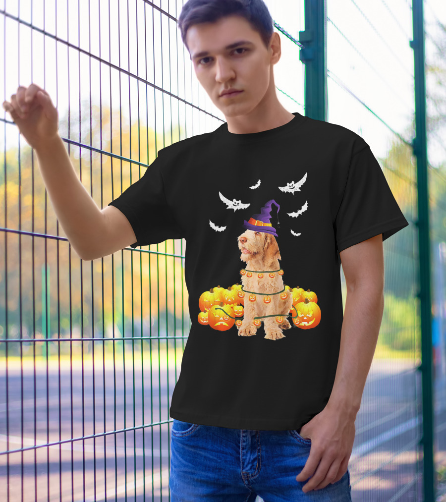 Spinone Italiano Dog Halloween Pumpkin Lights And Bats T-Shirt