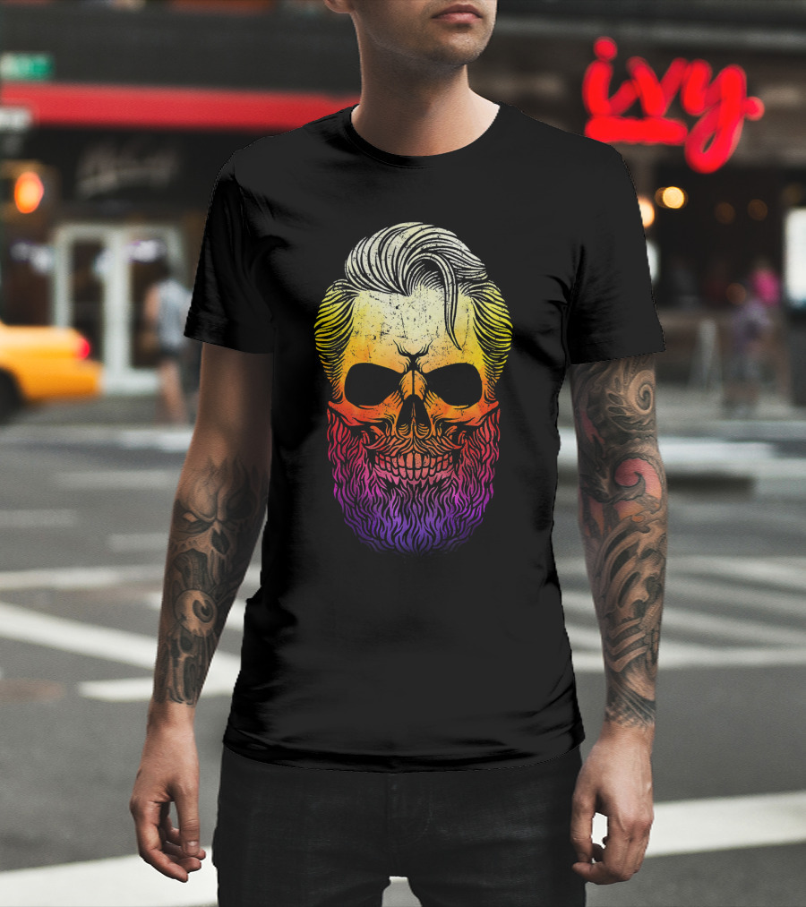 Creepy Bearded Skull With Colorful Gradient For Halloween And Ske T-Shirt