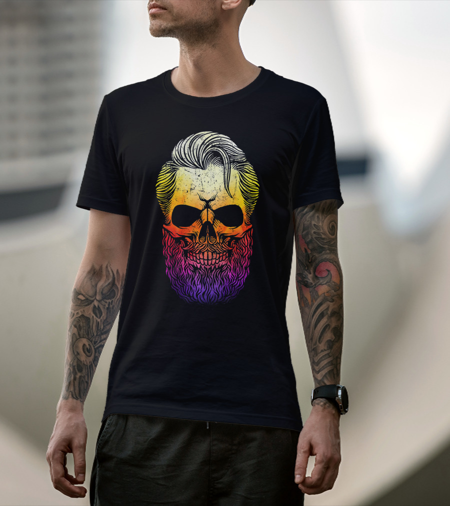 Creepy Bearded Skull With Colorful Gradient For Halloween And Ske T-Shirt