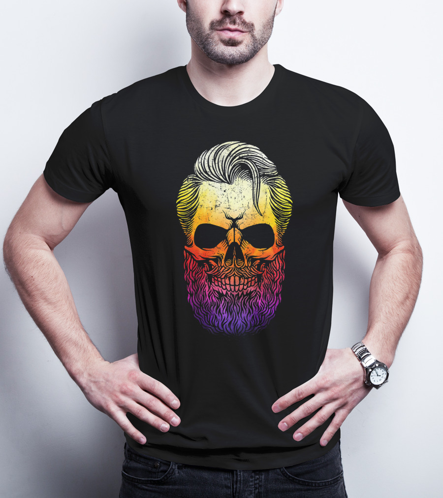 Creepy Bearded Skull With Colorful Gradient For Halloween And Ske T-Shirt