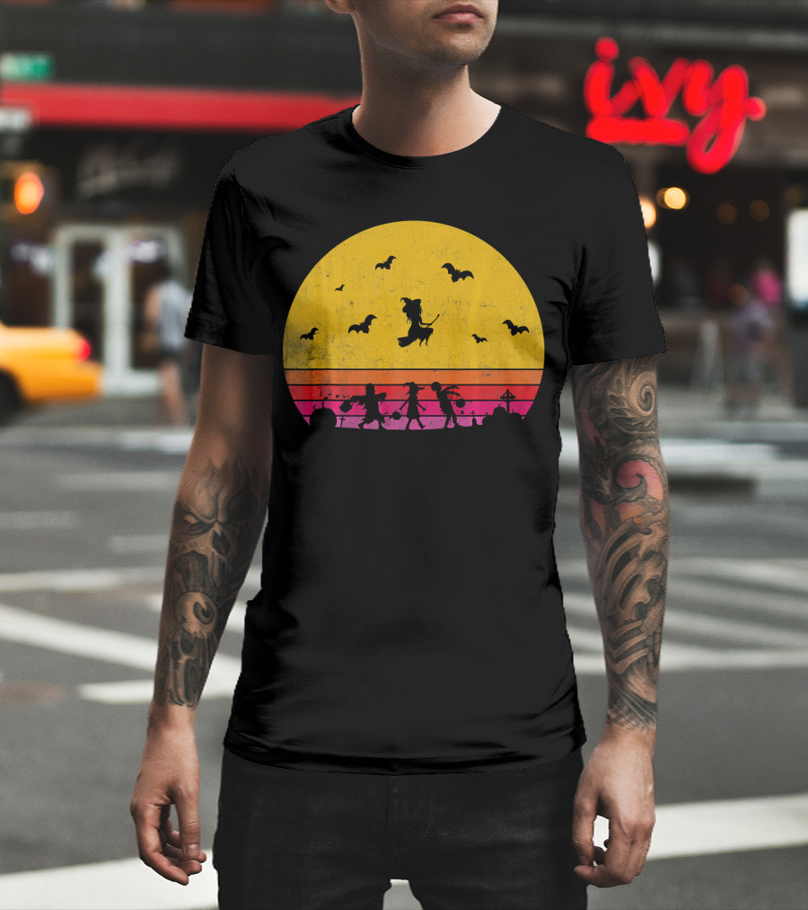 Horror Halloween Sunset Witch Bats Vintage T-Shirt