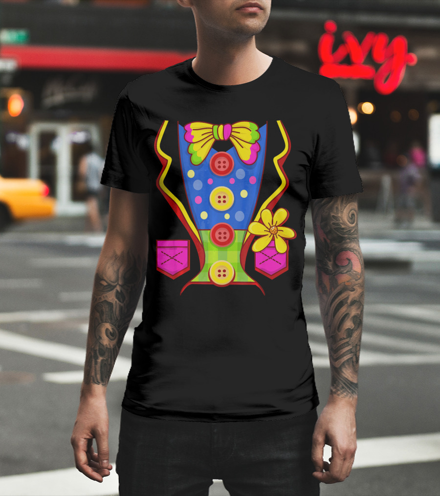 Clown Colorful Bow Tie And Buttons Outfit With Flower Pockets T-Shirt