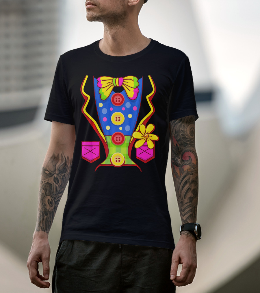 Clown Colorful Bow Tie And Buttons Outfit With Flower Pockets T-Shirt