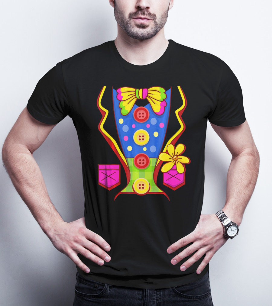 Clown Colorful Bow Tie And Buttons Outfit With Flower Pockets T-Shirt