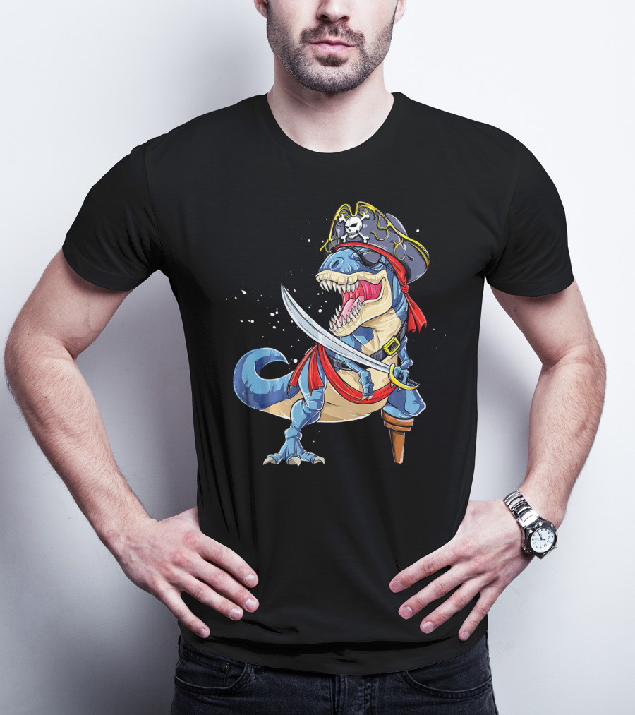 T-Rex Pirate Jolly Roger Dinosaur With Peg Leg And Sword T-Shirt