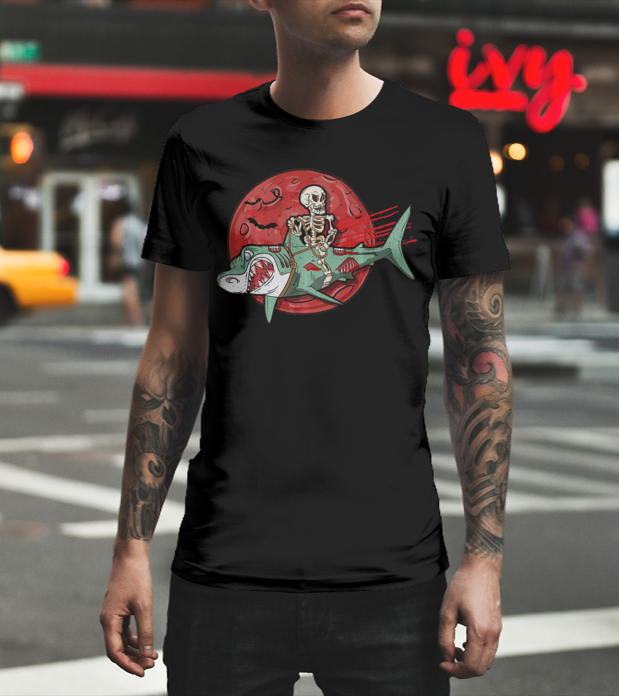 Skeleton Riding Shark Zombie With Red Moon And Bats T-Shirt