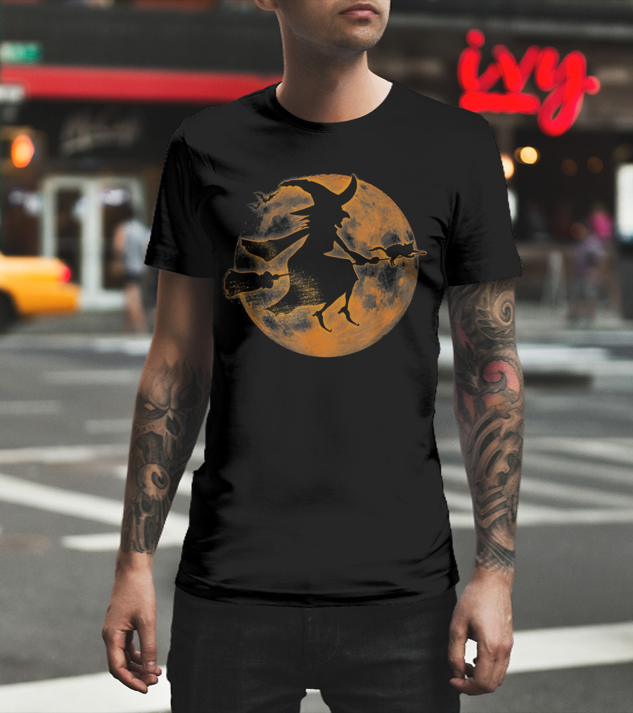 Halloween Spooky Witch And Cat On Broomstick Full Moon Scene T-Shirt