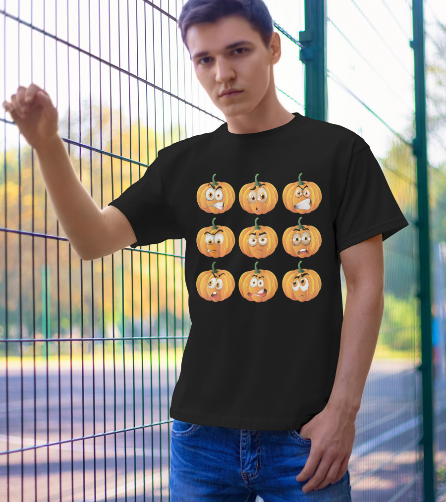Pumpkin Emoji Faces Expressions Grid T-Shirt