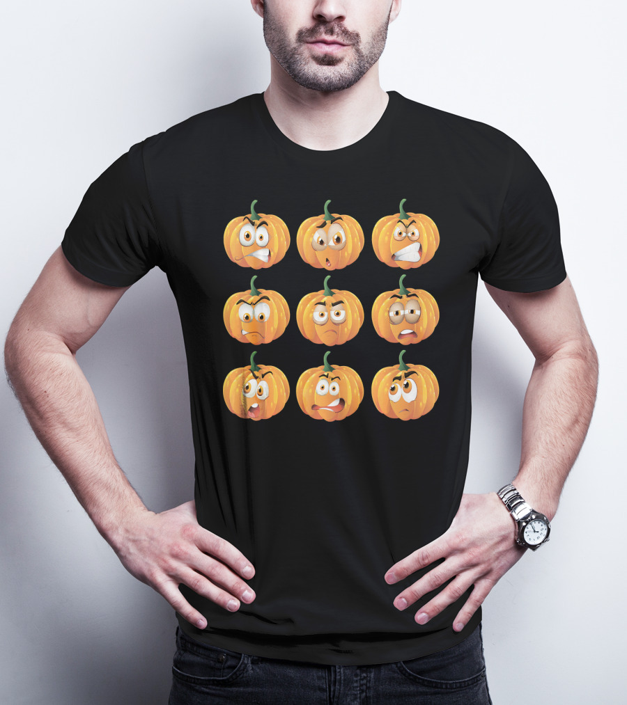 Pumpkin Emoji Faces Expressions Grid T-Shirt