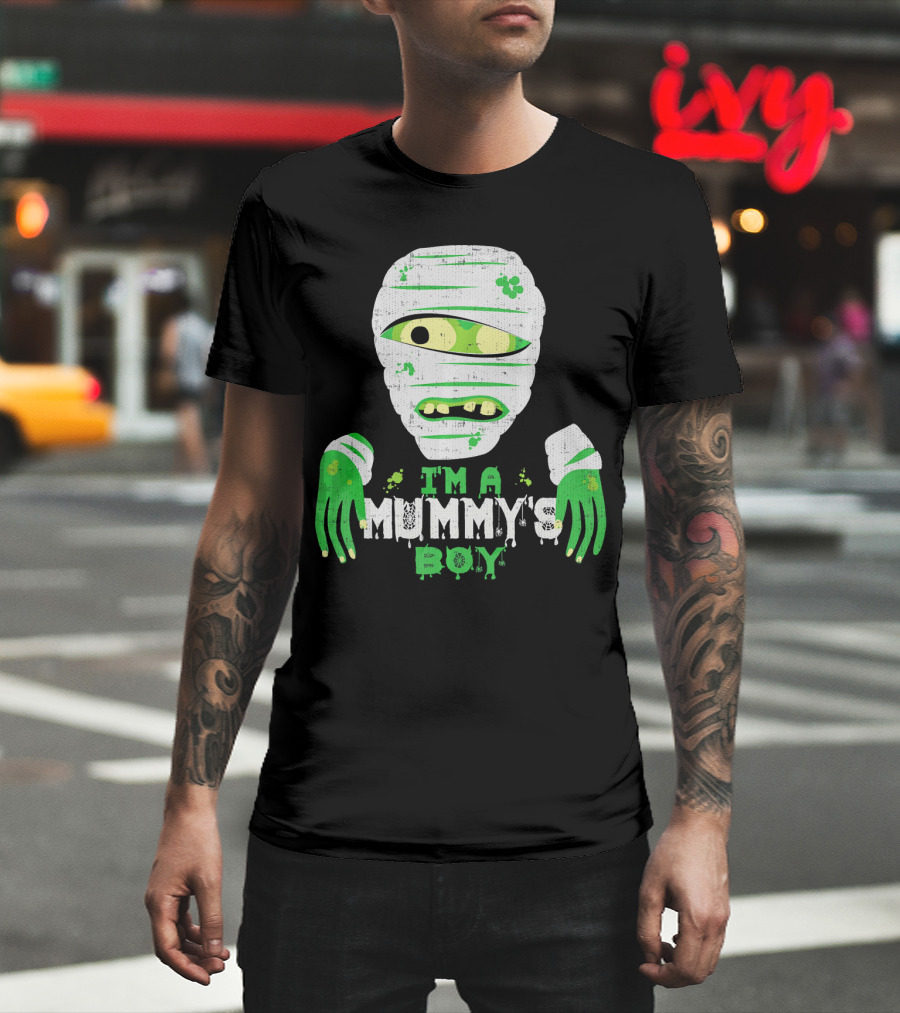 Creepy I'm A Mummy's Boy Green Cartoon Mummy Face And Hands T-Shirt