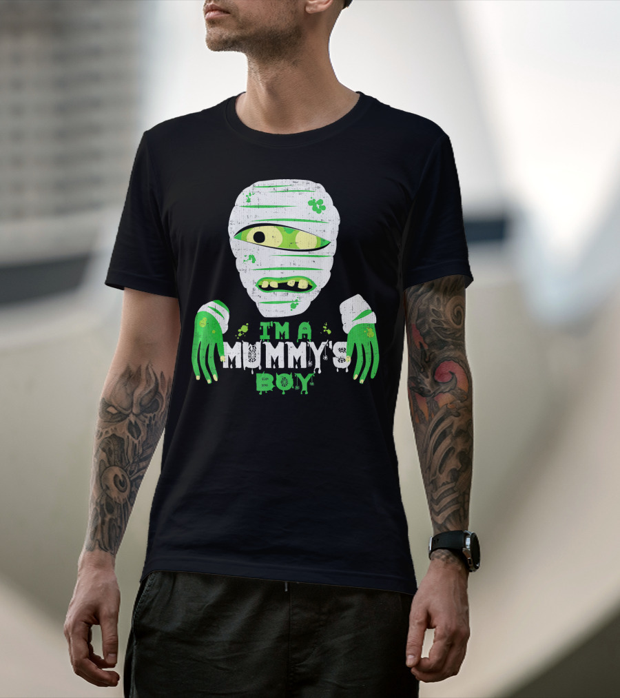 Creepy I'm A Mummy's Boy Green Cartoon Mummy Face And Hands T-Shirt
