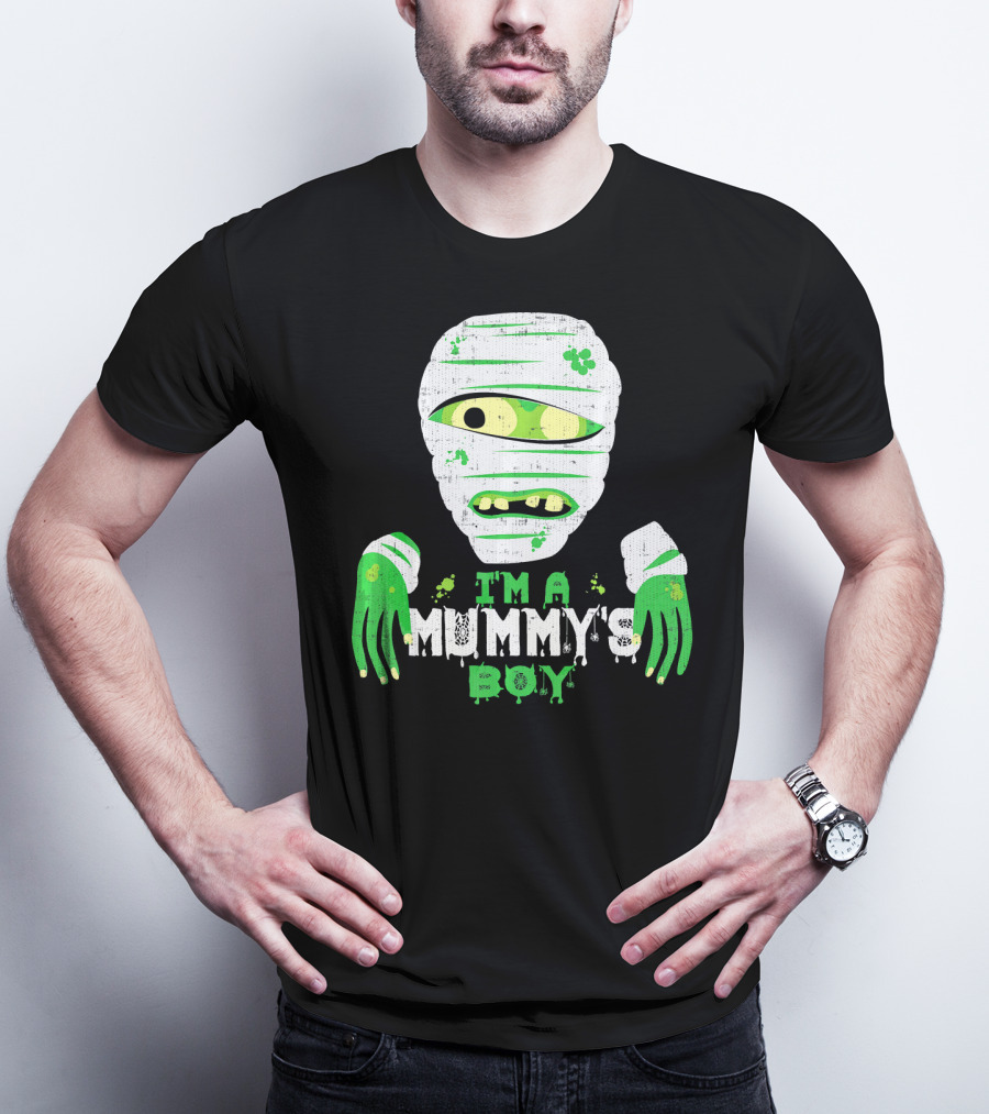 Creepy I'm A Mummy's Boy Green Cartoon Mummy Face And Hands T-Shirt