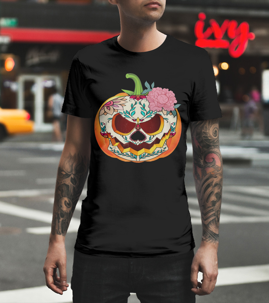 Day Of The Dead Pumpkin Sugar Skull With Floral T-Shirt