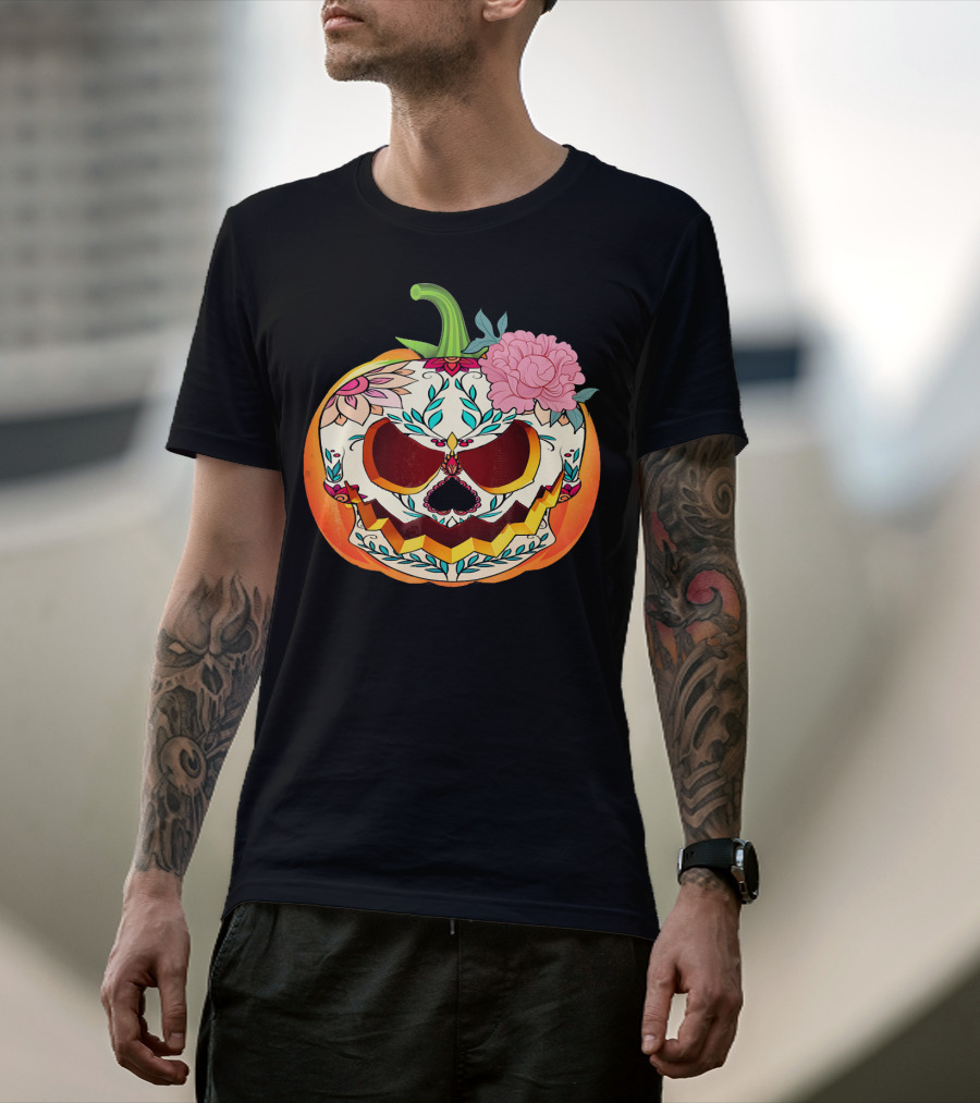 Day Of The Dead Pumpkin Sugar Skull With Floral T-Shirt