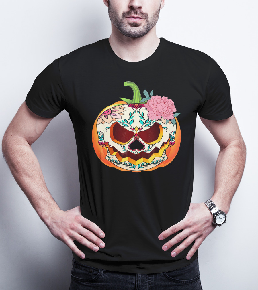 Day Of The Dead Pumpkin Sugar Skull With Floral T-Shirt