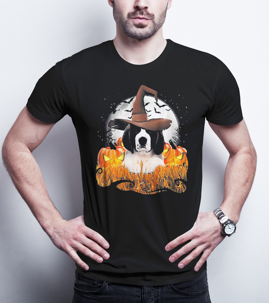Cute Saint Bernard Dog Witch With Pumpkins And Full Moon T-Shirt