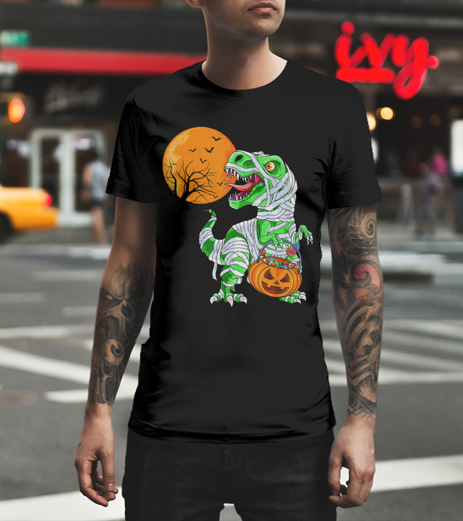 Halloween Mummy T Rex With Pumpkin Candy Under Full Moon T-Shirt
