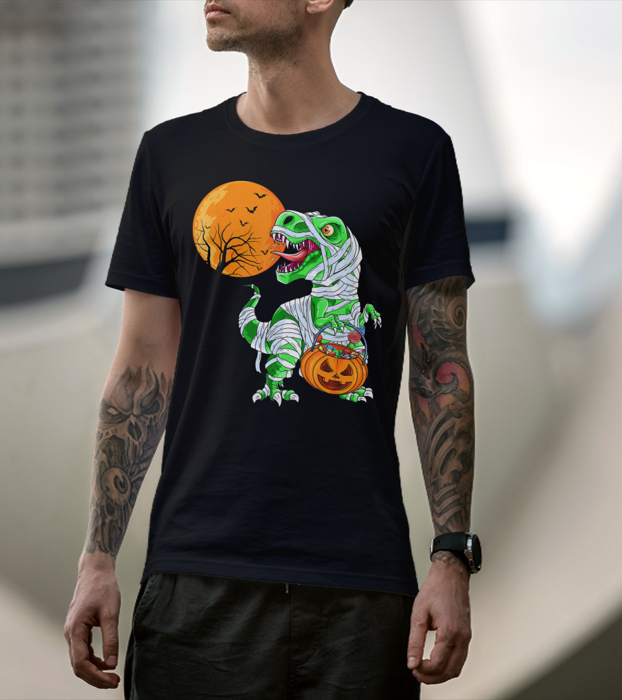 Halloween Mummy T Rex With Pumpkin Candy Under Full Moon T-Shirt