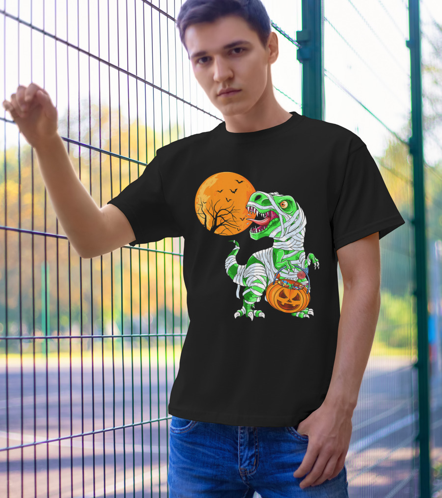 Halloween Mummy T Rex With Pumpkin Candy Under Full Moon T-Shirt