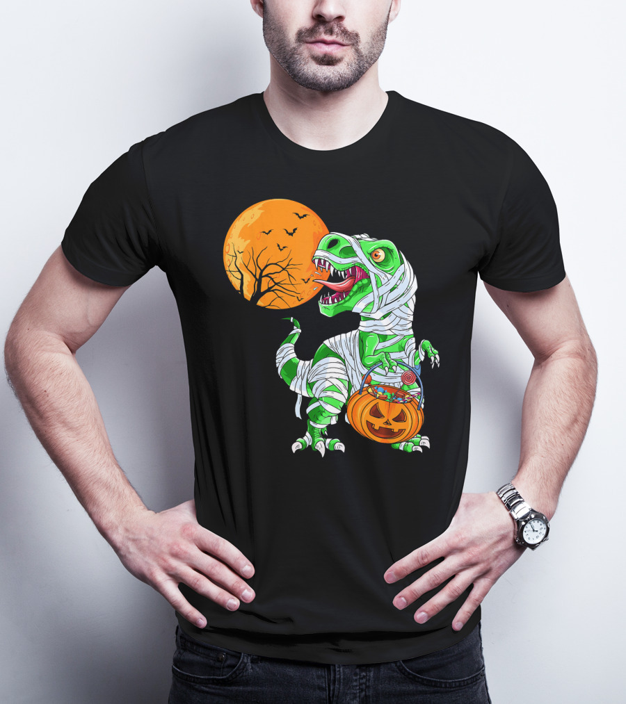 Halloween Mummy T Rex With Pumpkin Candy Under Full Moon T-Shirt
