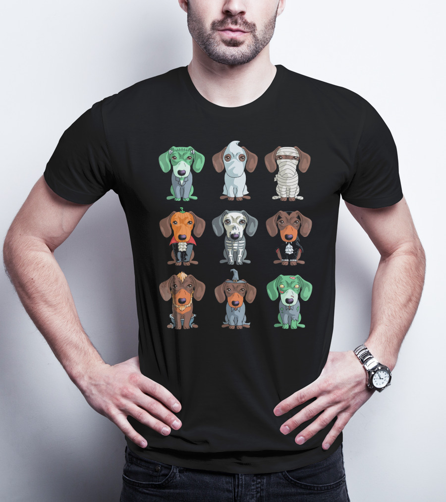 Dachshund Halloween Funny Weiner Frankenstein Ghost Mummy Pumpkin Skeleton Vampire Wizard Zombie Monster T-Shirt