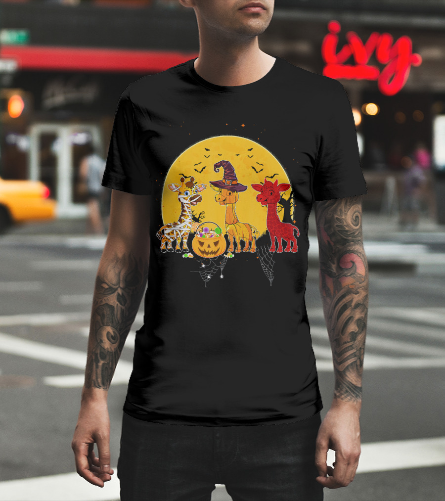 Three Giraffes Halloween Moon Mummy Witch Devil T-Shirt