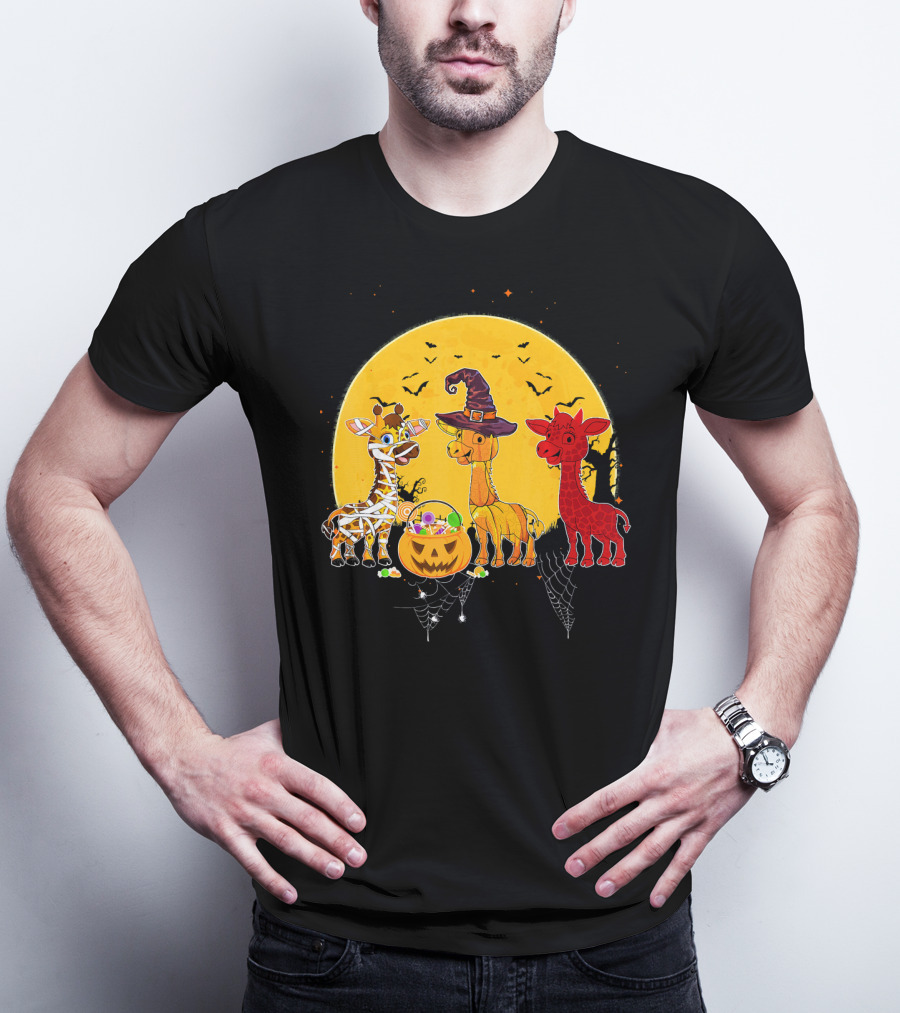Three Giraffes Halloween Moon Mummy Witch Devil T-Shirt