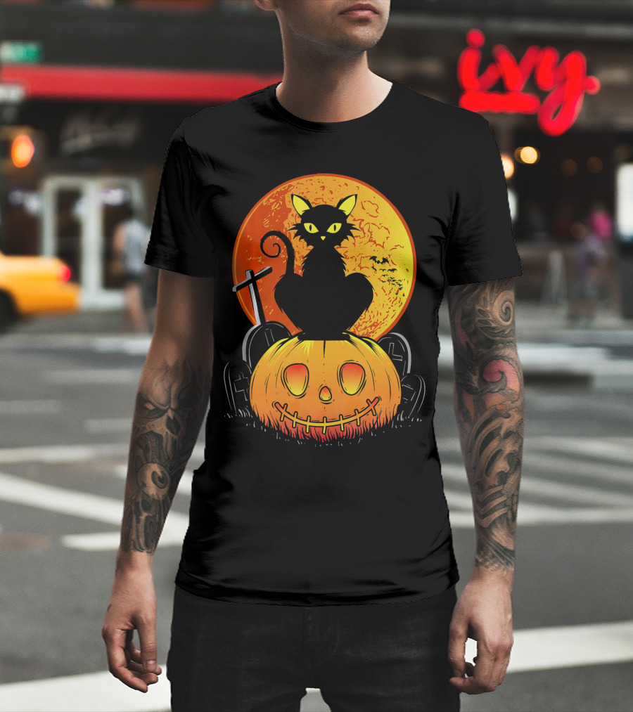 Halloween Black Cat On Pumpkin With Full Moon And Graveyard T-Shirt