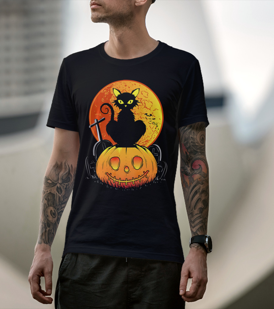 Halloween Black Cat On Pumpkin With Full Moon And Graveyard T-Shirt