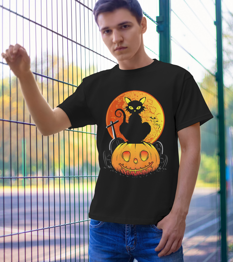 Halloween Black Cat On Pumpkin With Full Moon And Graveyard T-Shirt