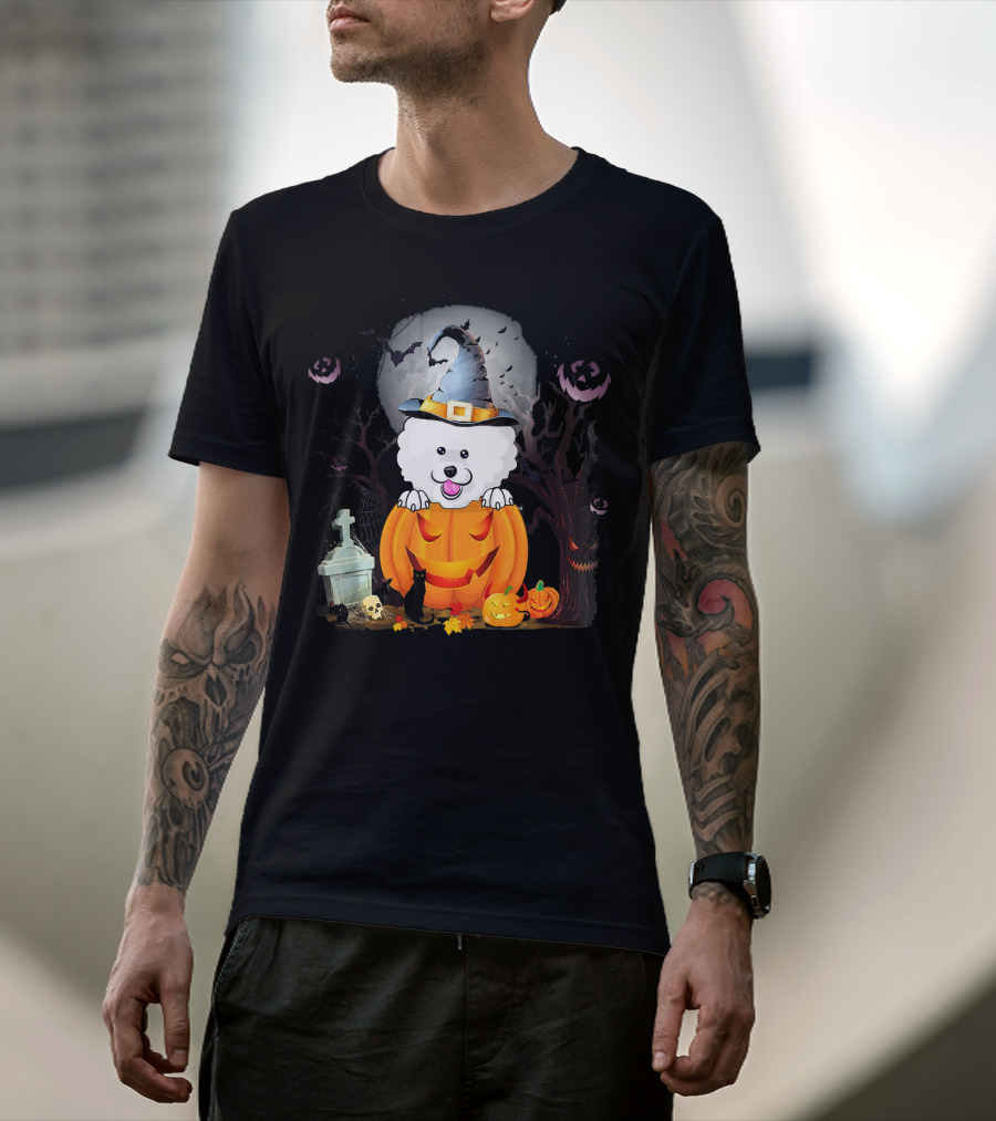 Bichon Frise Dog In Witch Hat With Halloween Pumpkin And Black Cat T-Shirt